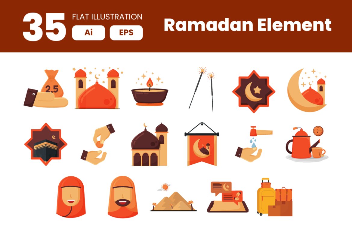 Collection of Ramadan Mubarak Element in Flat Illustration | Deeezy