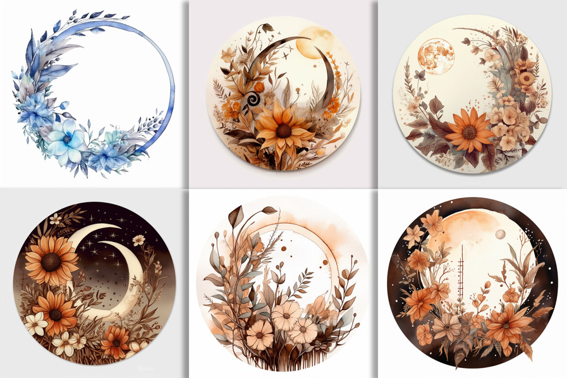 Boho Round Floral Frame With Moon | Deeezy