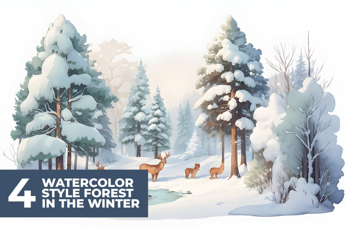 4 Watercolor Forest in The Winter Stock Images | Deeezy