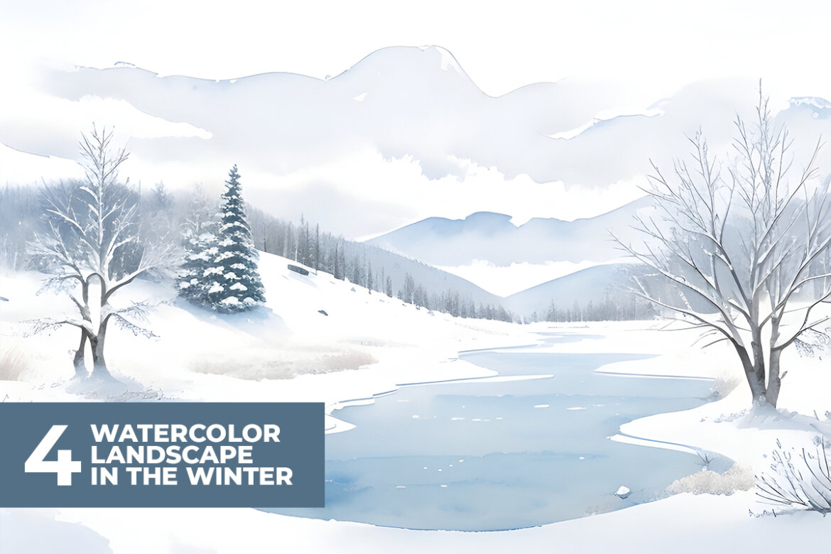 4 Watercolor Landscape in The Winter Stock Images | Deeezy