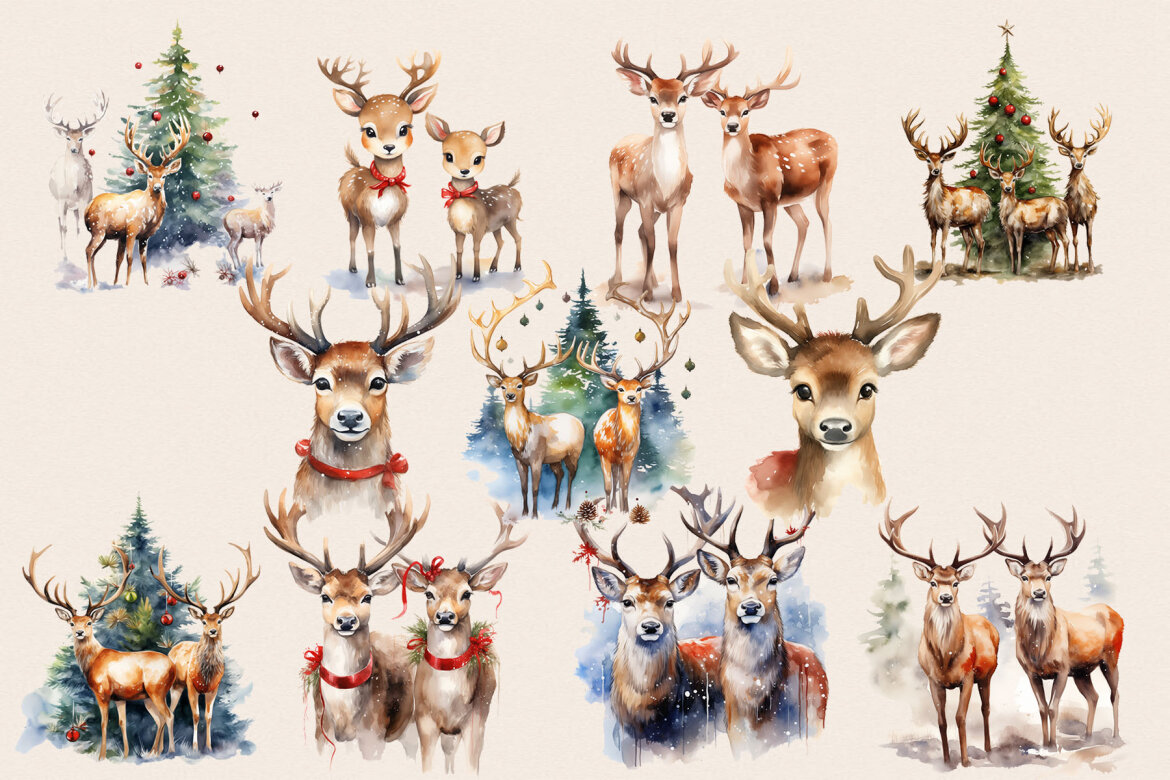 Watercolor Reindeer Christmas Clipart | Deeezy