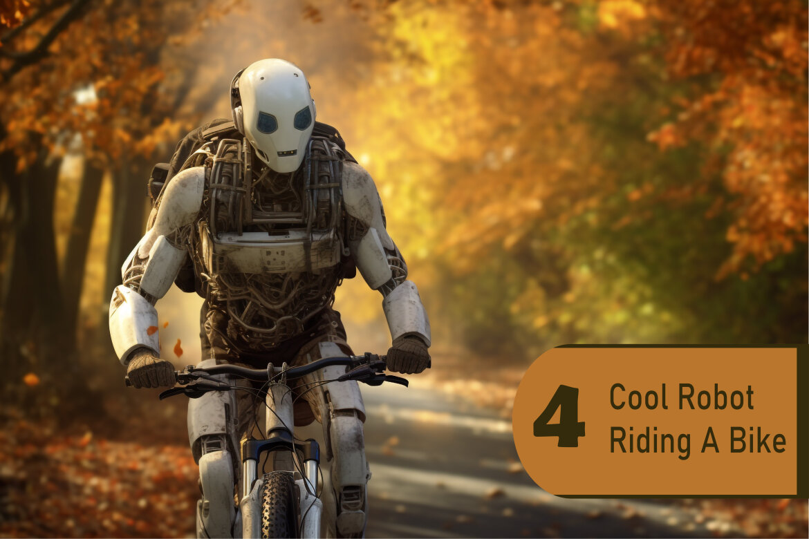 Happy humanoid robot riding a bicycle along an autumn alley | Deeezy