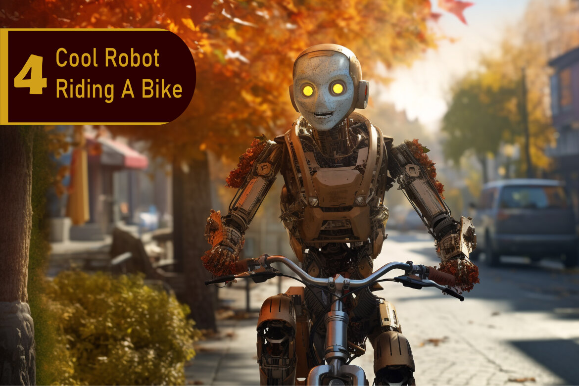 Happy humanoid robot riding a bicycle | Deeezy