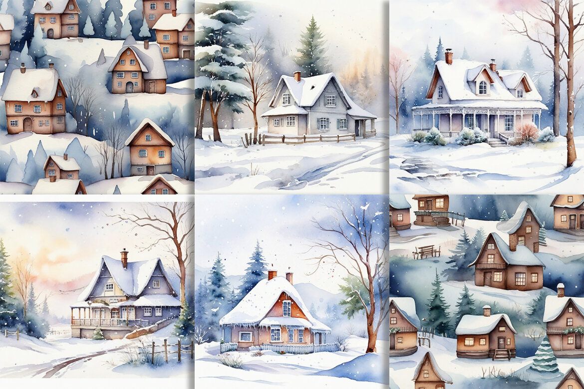 Watercolor Winter Season And House | Deeezy