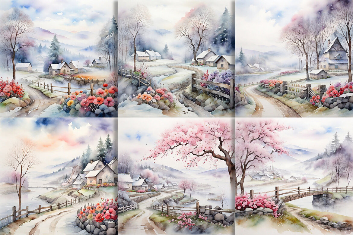 Watercolor Winter Season And Village | Deeezy