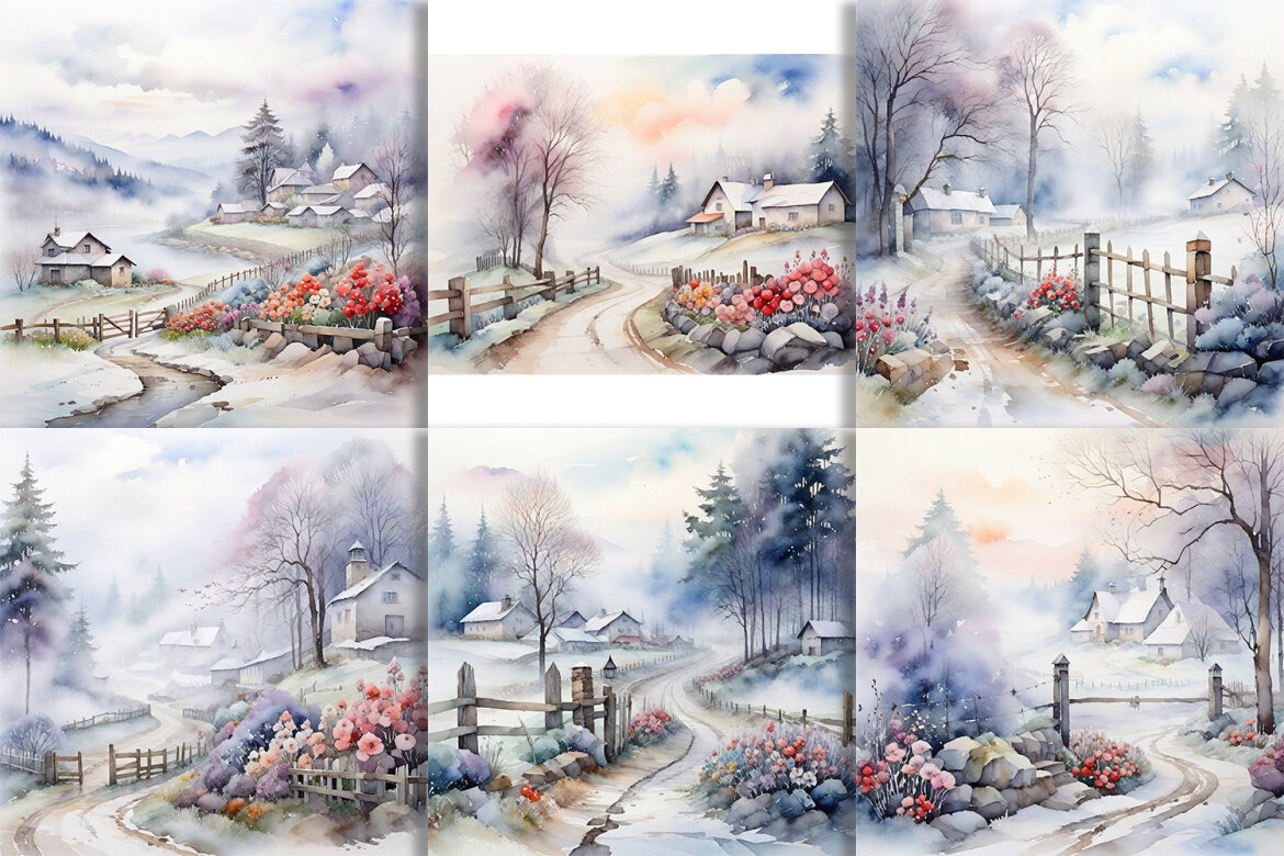 Watercolor Winter Season And Village | Deeezy