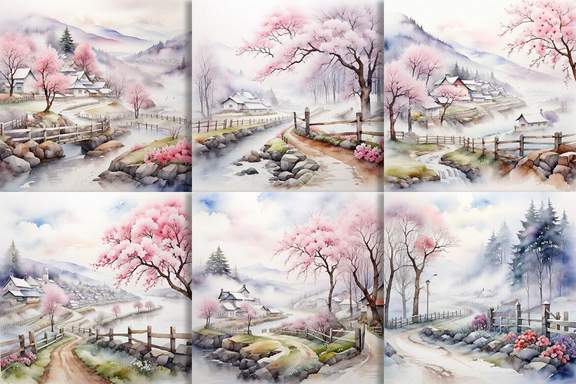 Watercolor Winter Season And Village | Deeezy