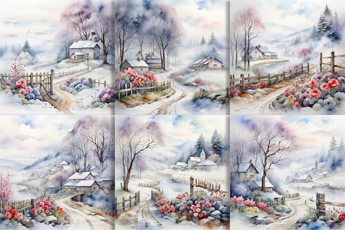 Watercolor Winter Season And Village | Deeezy