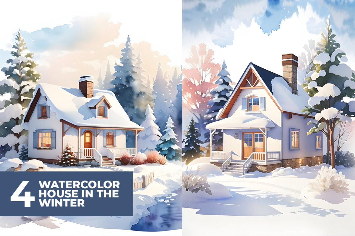 4 Watercolor House in The Winter Stock Images | Deeezy