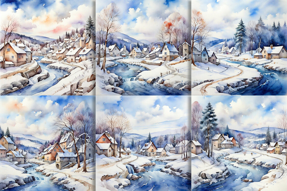 Watercolor Winter Season And Village | Deeezy