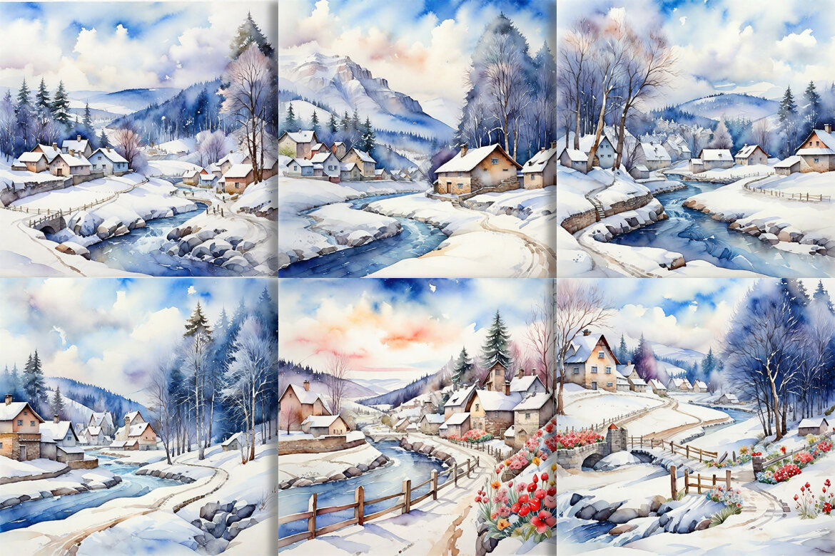 Watercolor Winter Season And Village | Deeezy