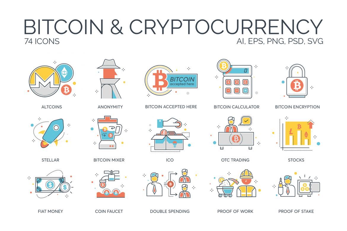 74 Cryptocurrency & Bitcoin Icons | Color Line | Deeezy