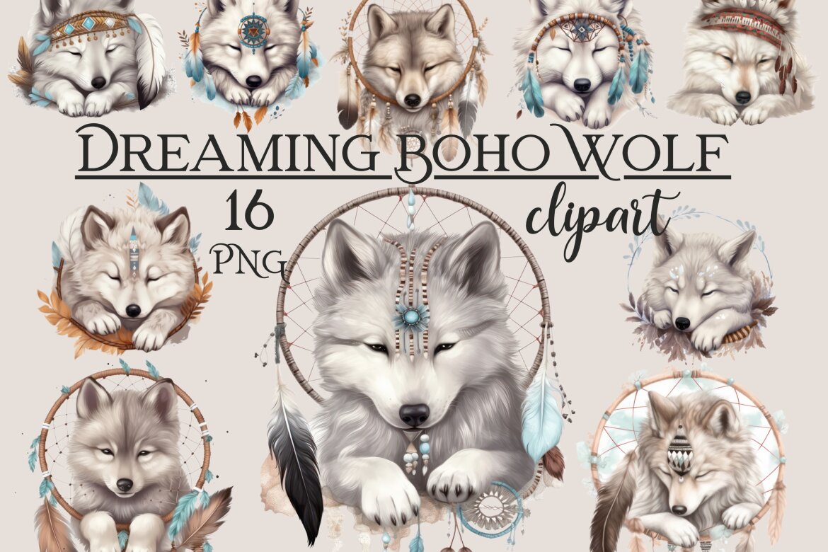 Dreaming Wolf PNG Bundle, Cute Boho Wolves Clipart | Deeezy