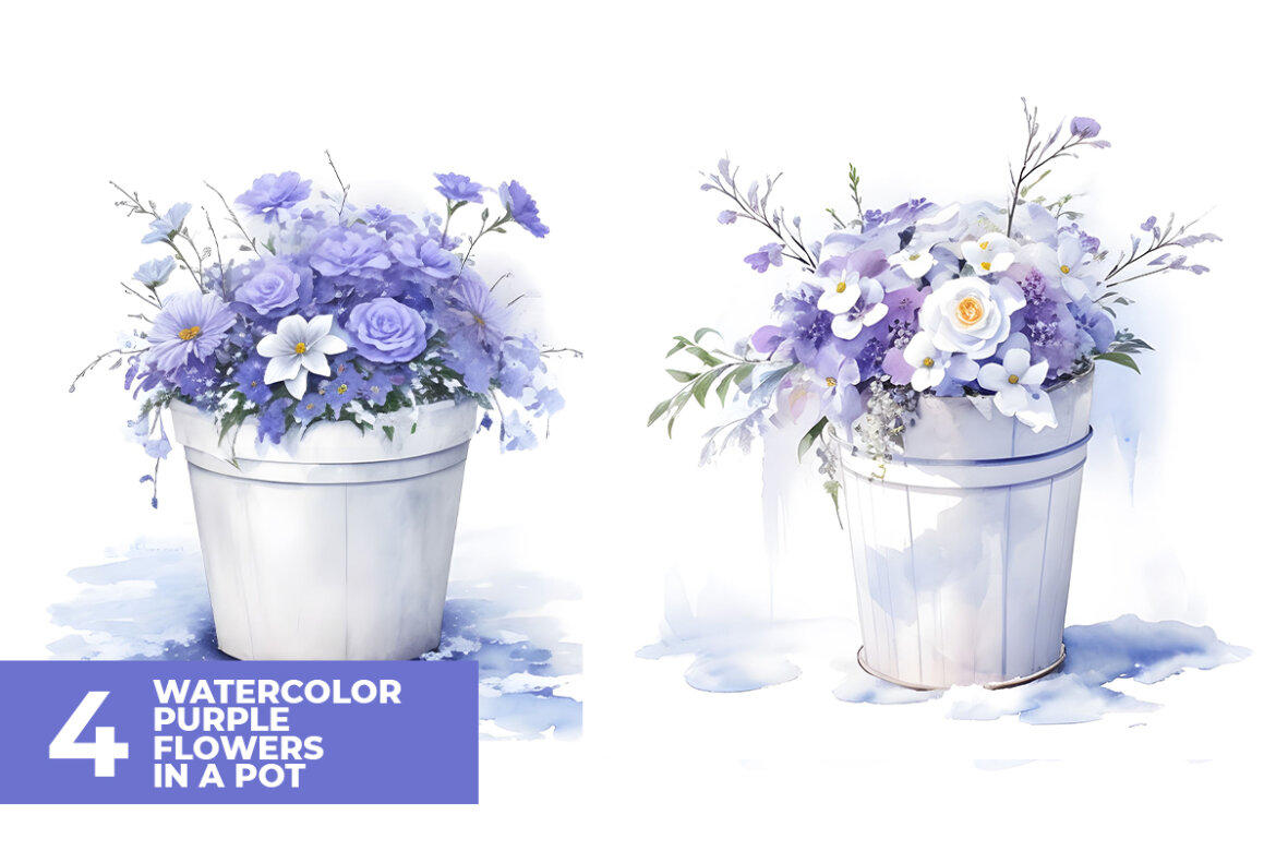 4 Watercolor Purple Flowers in a Pot Stock Images | Deeezy