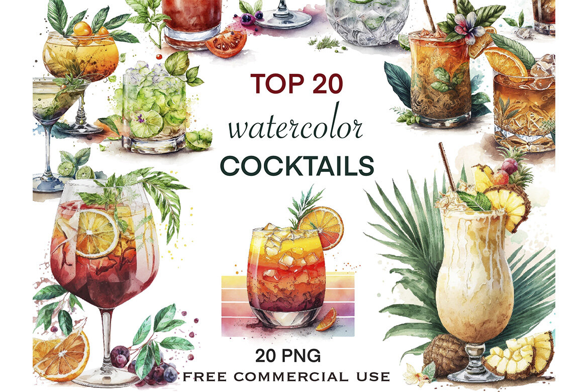 Watercolor Cocktails PNG Bundle | Deeezy