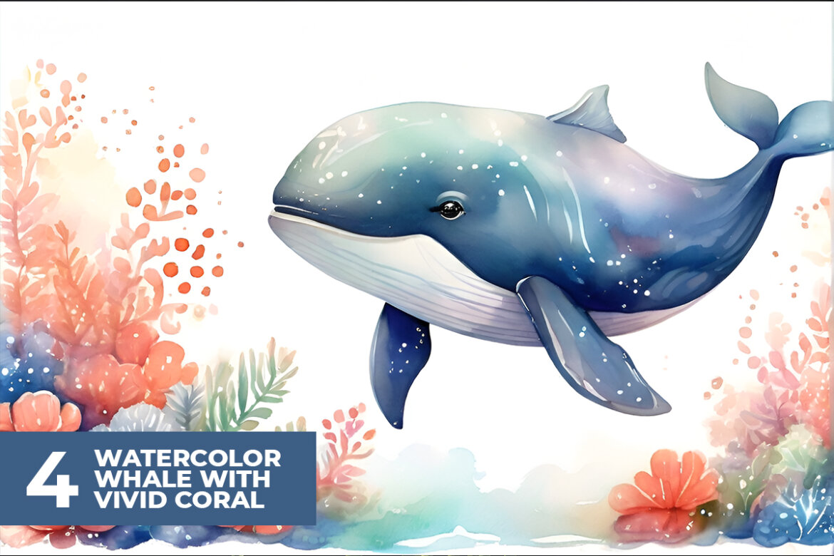 4 Watercolor Whale with Vivid Coral Stock Images | Deeezy