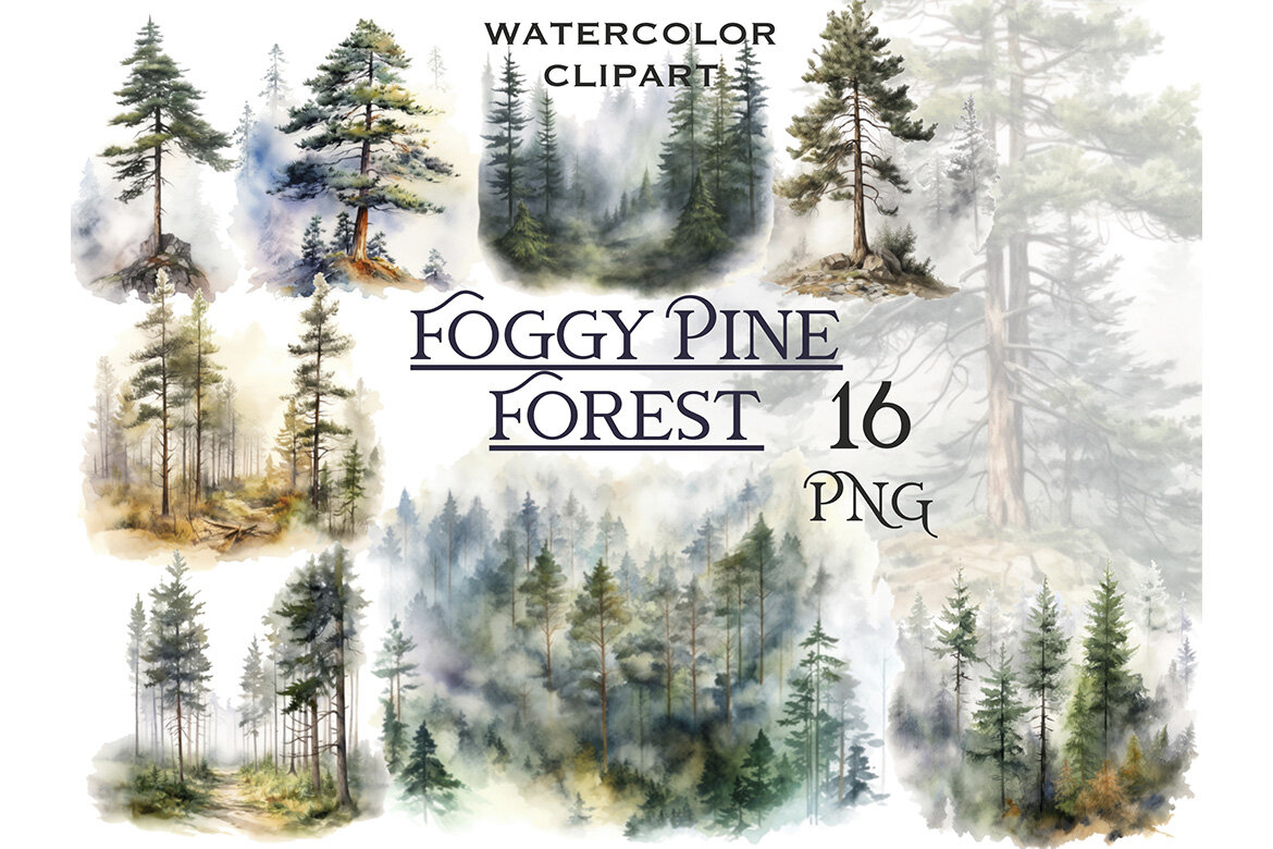 Foggy Pine Forest Clipart, Watercolor Landscape PNG Bundle | Deeezy