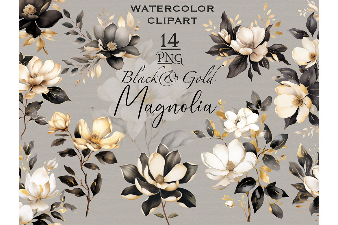 Black & Gold Magnolia PNG Bundle, Watercolor Flowers Clipart | Deeezy