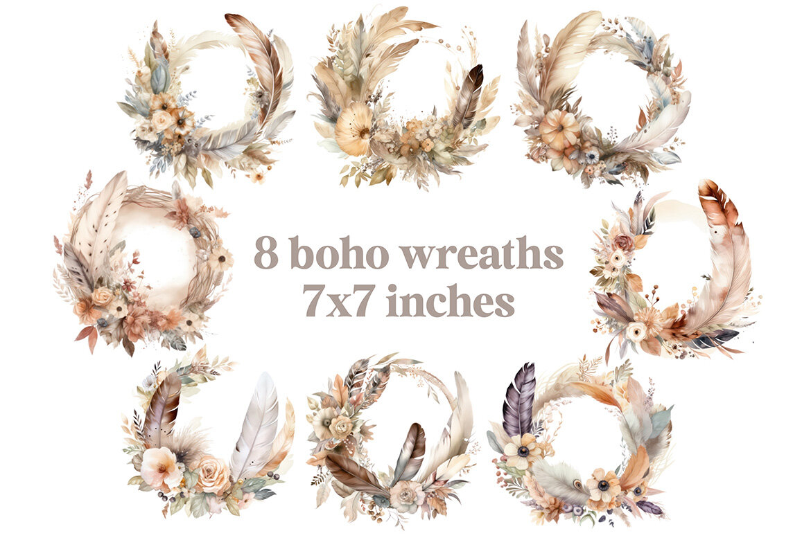 Neutral Boho Wreath & Bouquets PNG Bundle | Deeezy