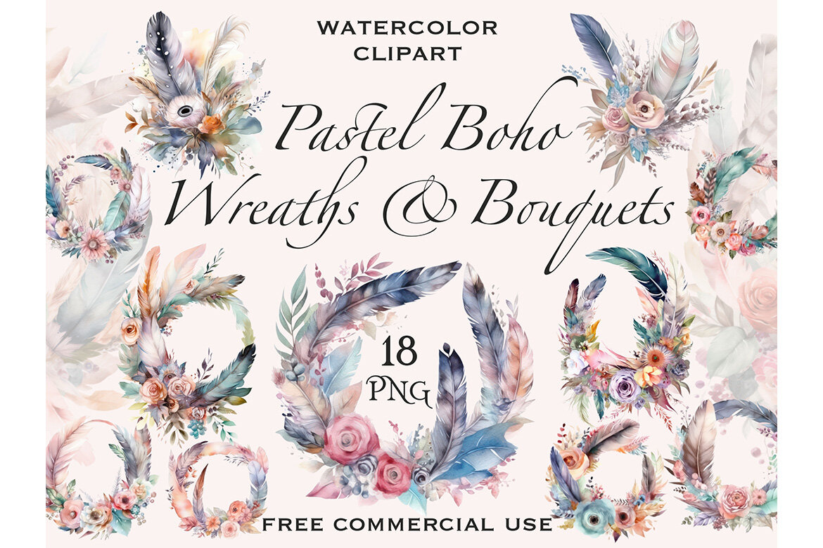 Pastel Boho Wreath & Bouquets PNG Bundle | Deeezy