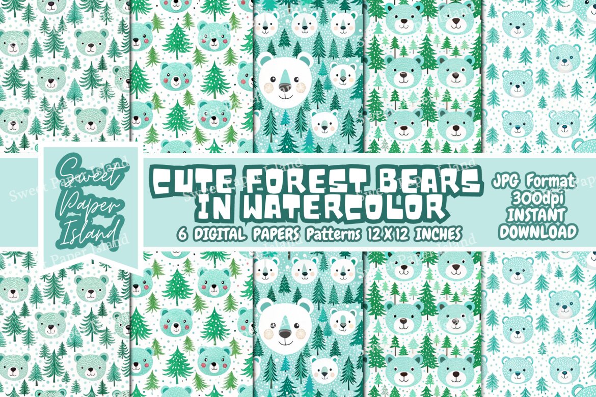 Set Of 6 Digital Papers Patterns - Cute Forest Bears In Watercolor | Deeezy