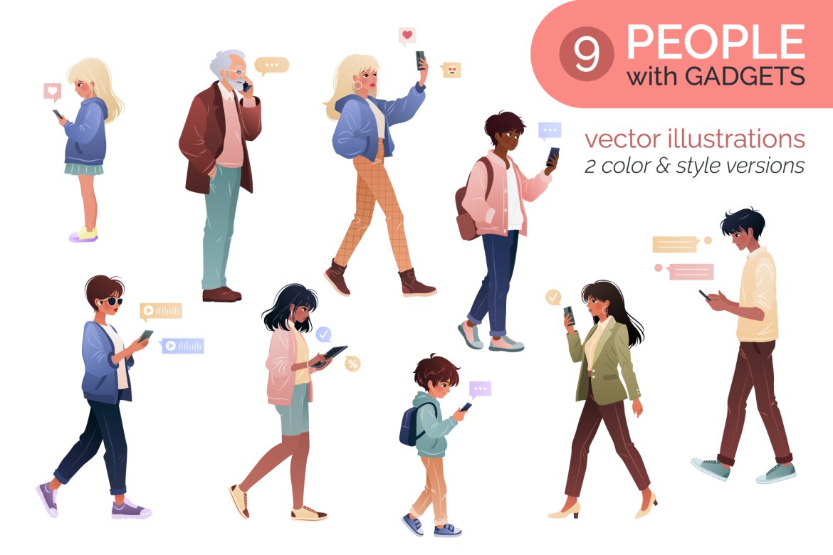 9 People & Gadgets Vector Set | Deeezy