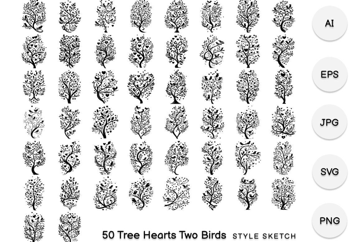 Tree Hearts Two Birds Element Draw Black | Deeezy