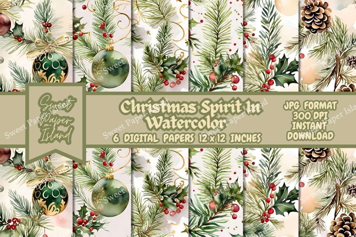 Pack Of 6 Digital Papers - Christmas Spirit In Watercolor | Deeezy