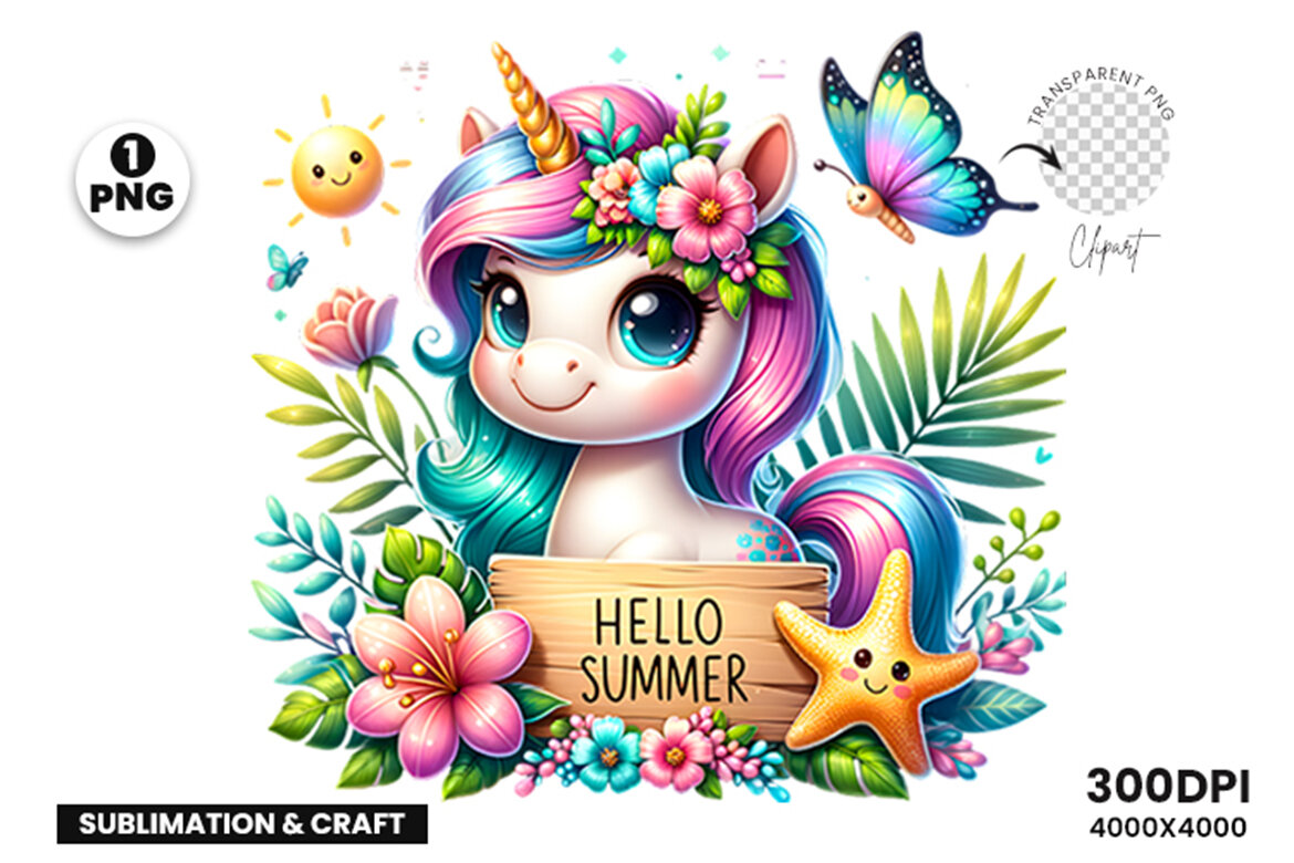 Summer Unicorn Clipart PNG | Sublimation Clipart PNG Design | Deeezy