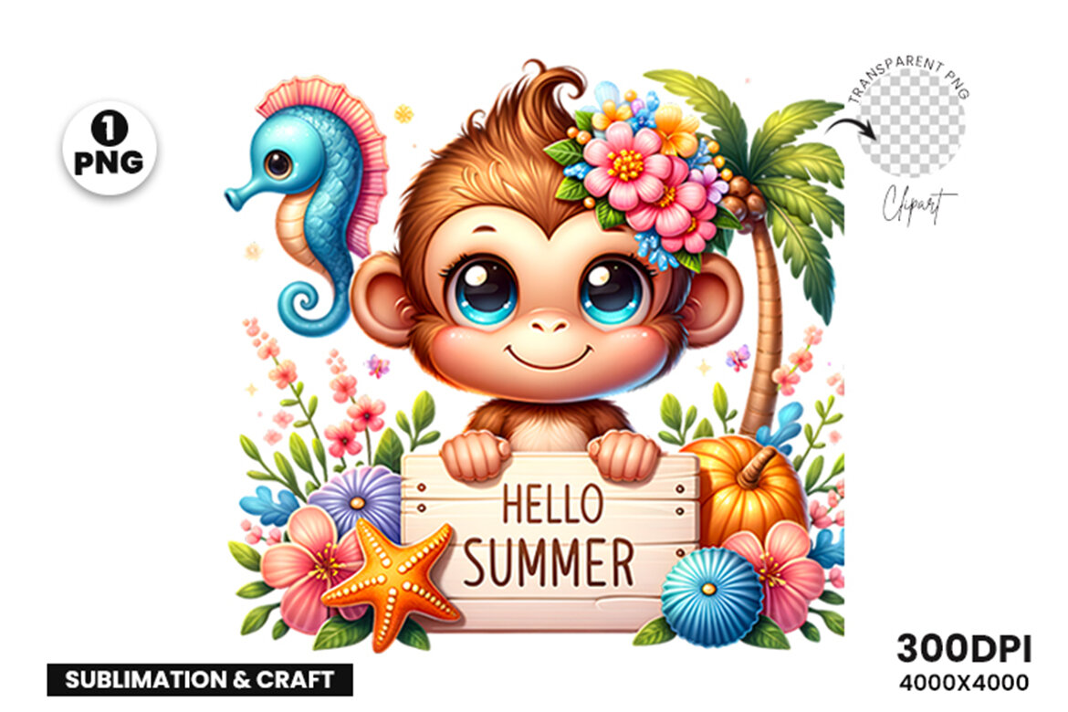 Summer Cute Monkey Clipart PNG | Sublimation Clipart PNG | Deeezy
