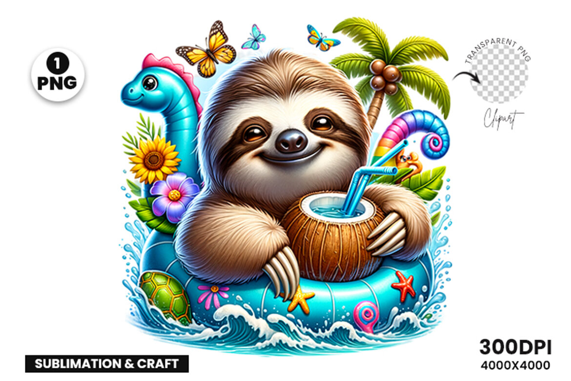 Summer Sloth Sublimation Clipart PNG | Sublimation Clipart | Deeezy