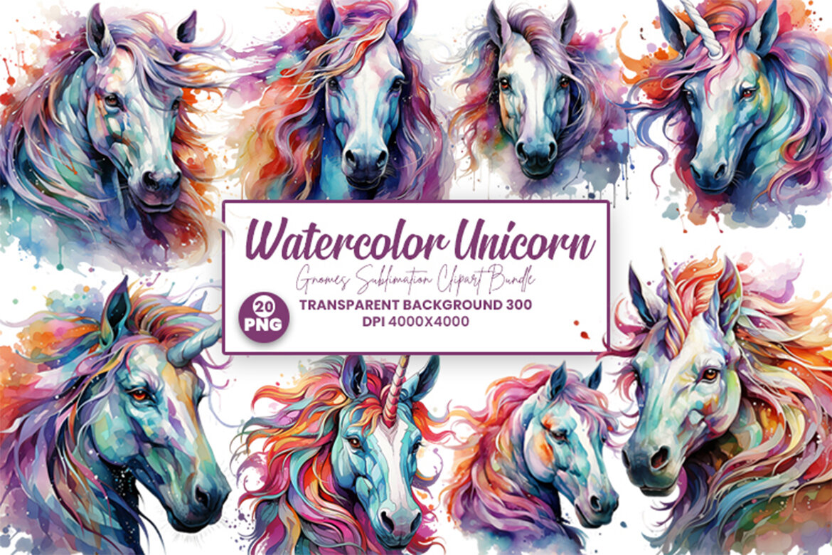 Watercolor Unicorn clipart, Unicorn Clipart Sublimation Bundle | Deeezy