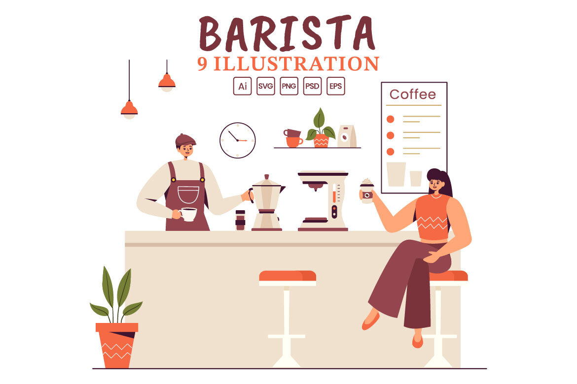 9 Barista Making Coffee FREE Illustrations | Deeezy