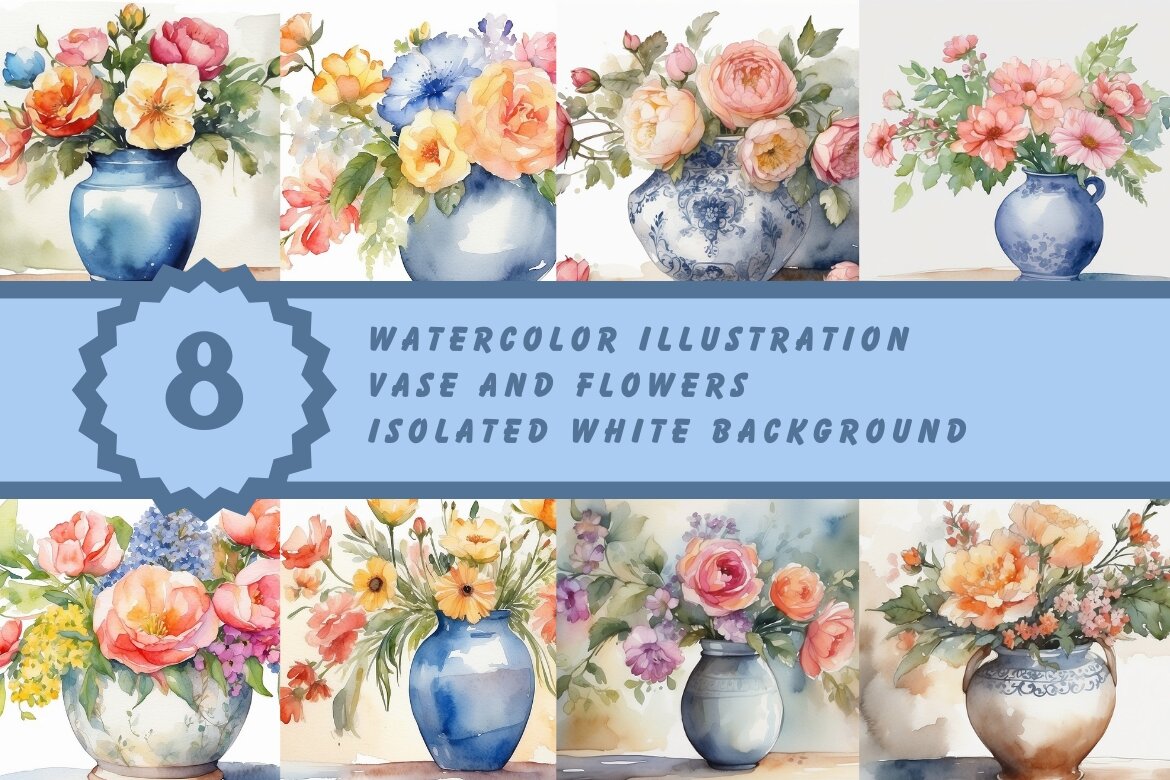 set of watercolor illustrations of vases and flowers | Deeezy