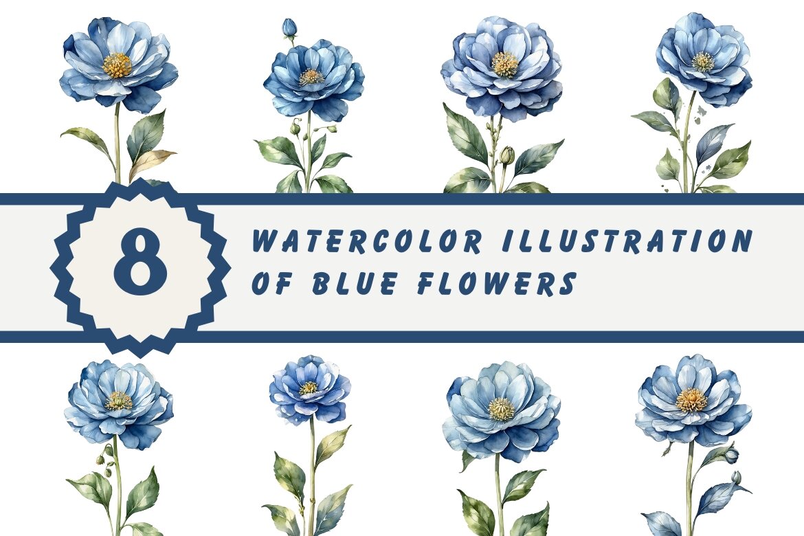 Set watercolor illustration of blue flower | Deeezy