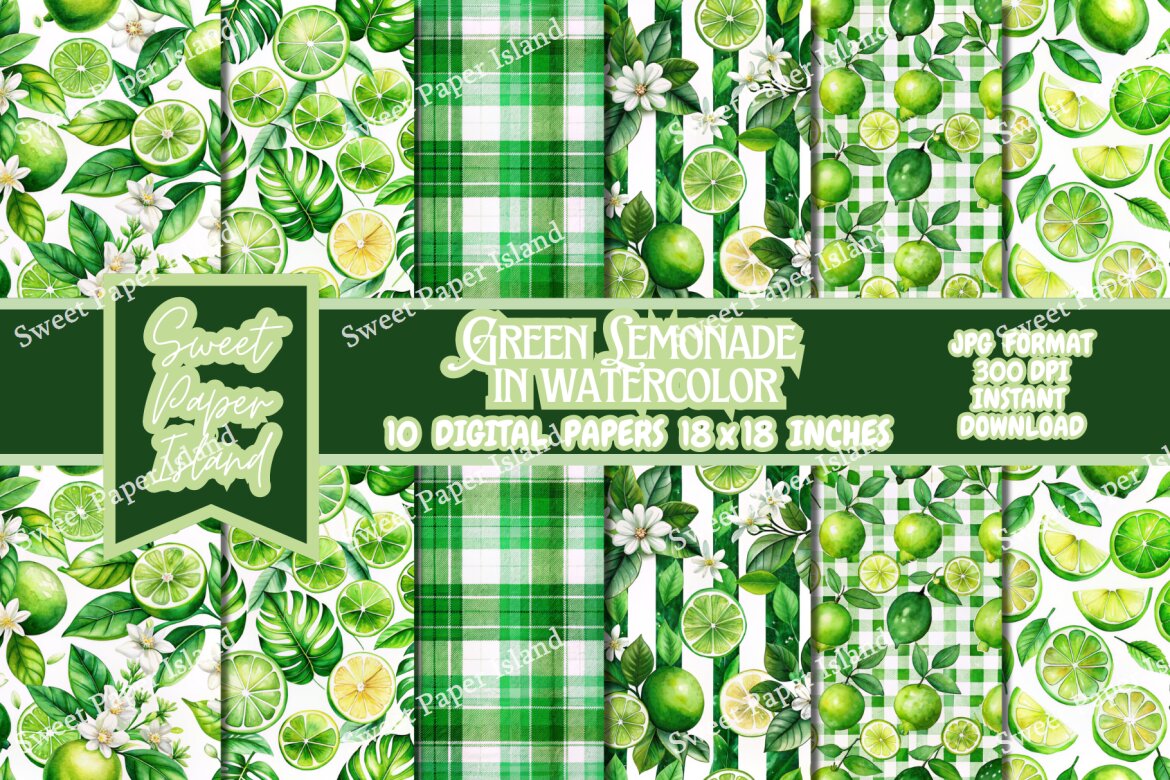 Pack Of 10 Digital Papers - Green Lemonade In Watercolor | Deeezy