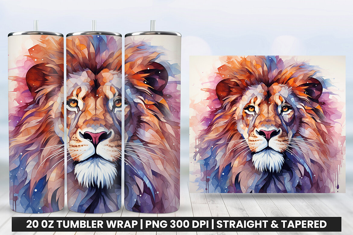 Watercolor Lion Tumbler Wrap PNG Design, Tumbler Wrap Sublimation | Deeezy