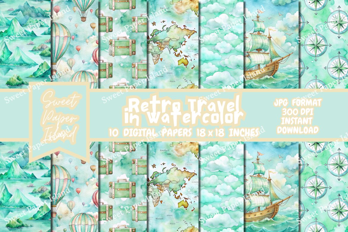 Pack Of 10 Digital Papers - Retro Travel In Watercolor | Deeezy