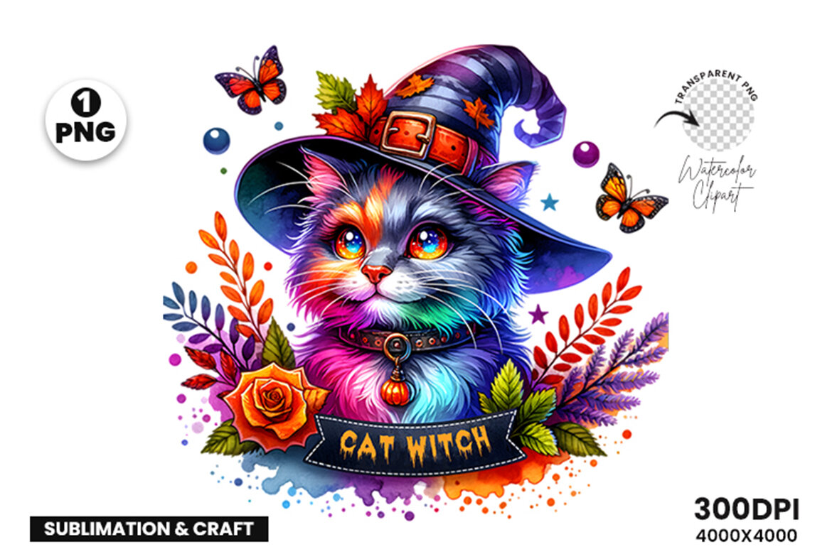 Halloween Spooky Season Cat Witch Clipart PNG | Deeezy