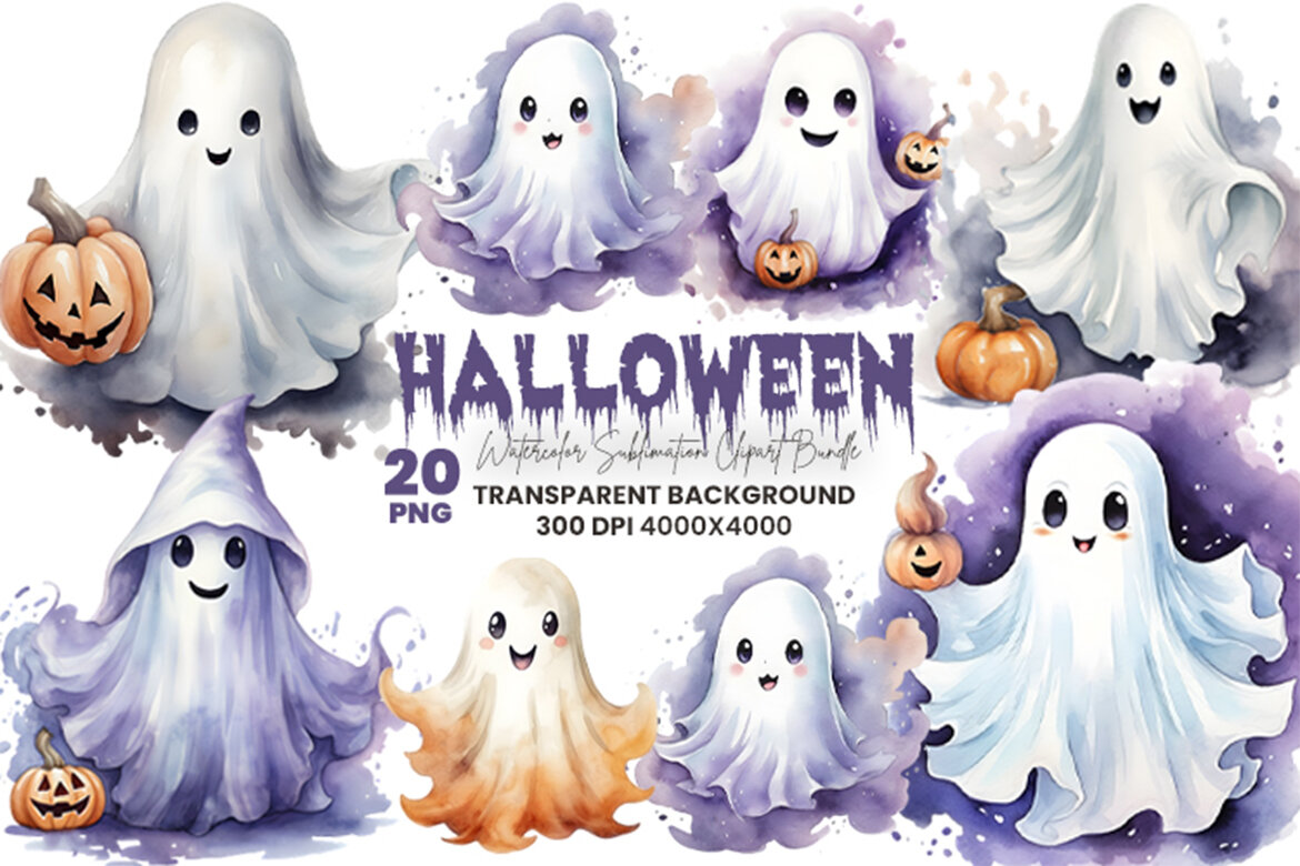 Halloween Watercolor Cute Ghost illustration Sublimation Clipart PNG ...