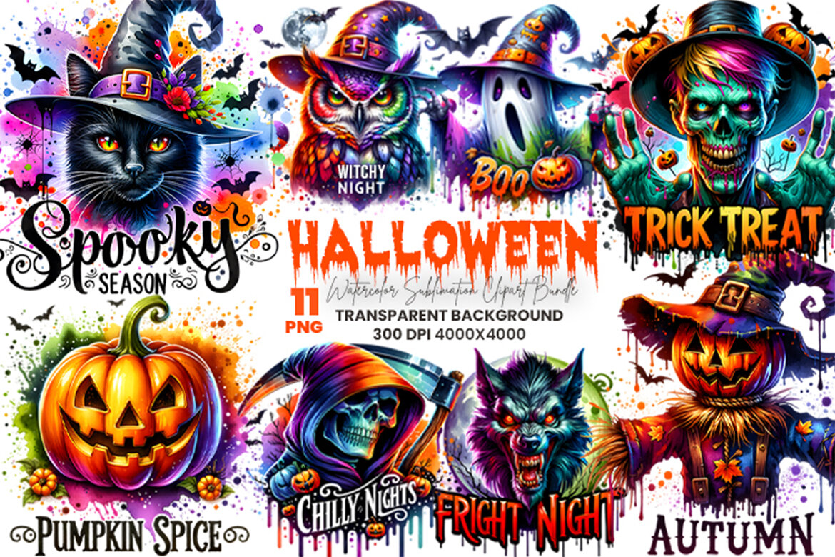 Watercolor Halloween Sublimation Clipart PNG Bundle | Deeezy
