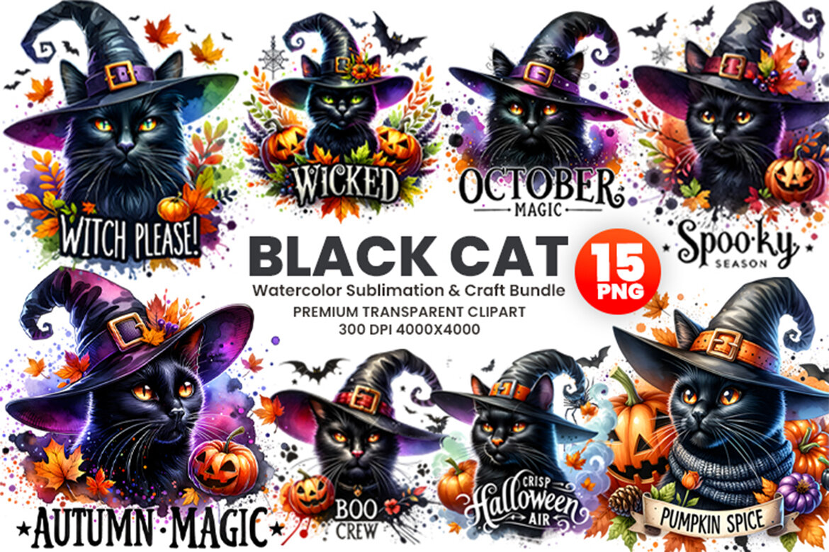 Watercolor Halloween Fall Theme Spooky Black Cat Witch Sublimation Clipart PNG Bundle | Deeezy
