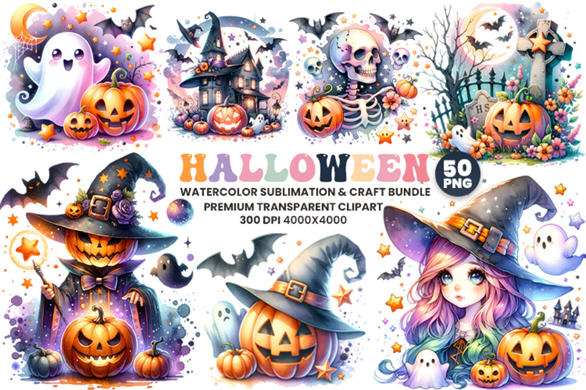 Watercolor Halloween Season Sublimation Clipart Bundle | Deeezy