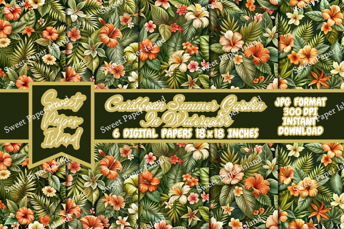 Pack Of 6 Digital Papers - Caribbean Summer Garden In Watercolor | Deeezy