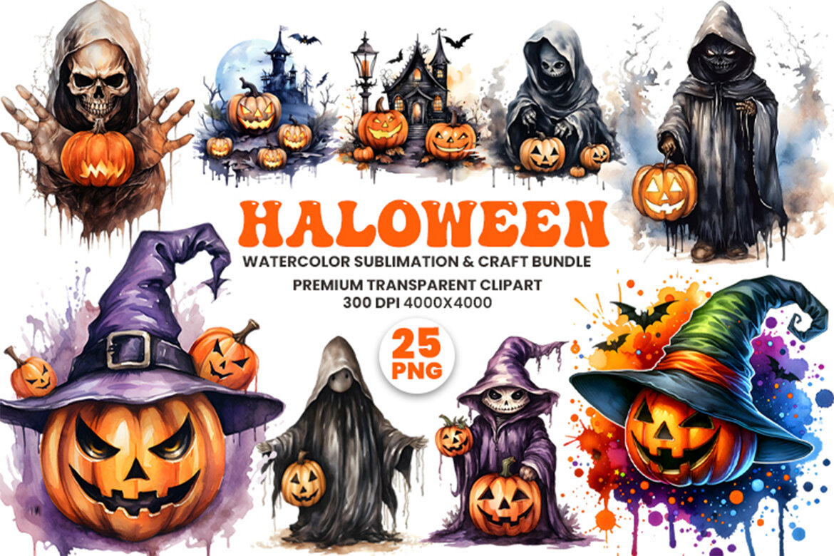 Watercolor Halloween Sublimation Clipart PNG Bundle | Deeezy
