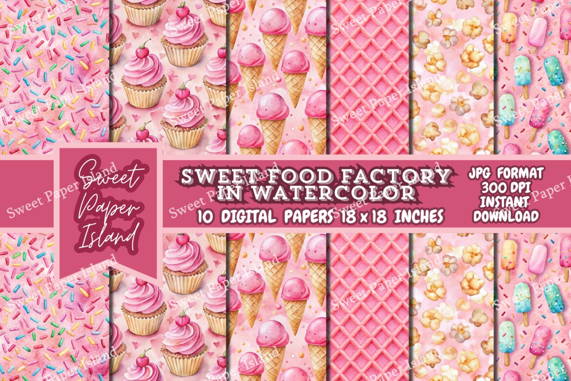 Pack Of 10 Digital Papers - Sweet Food Factory In Watercolor | Deeezy