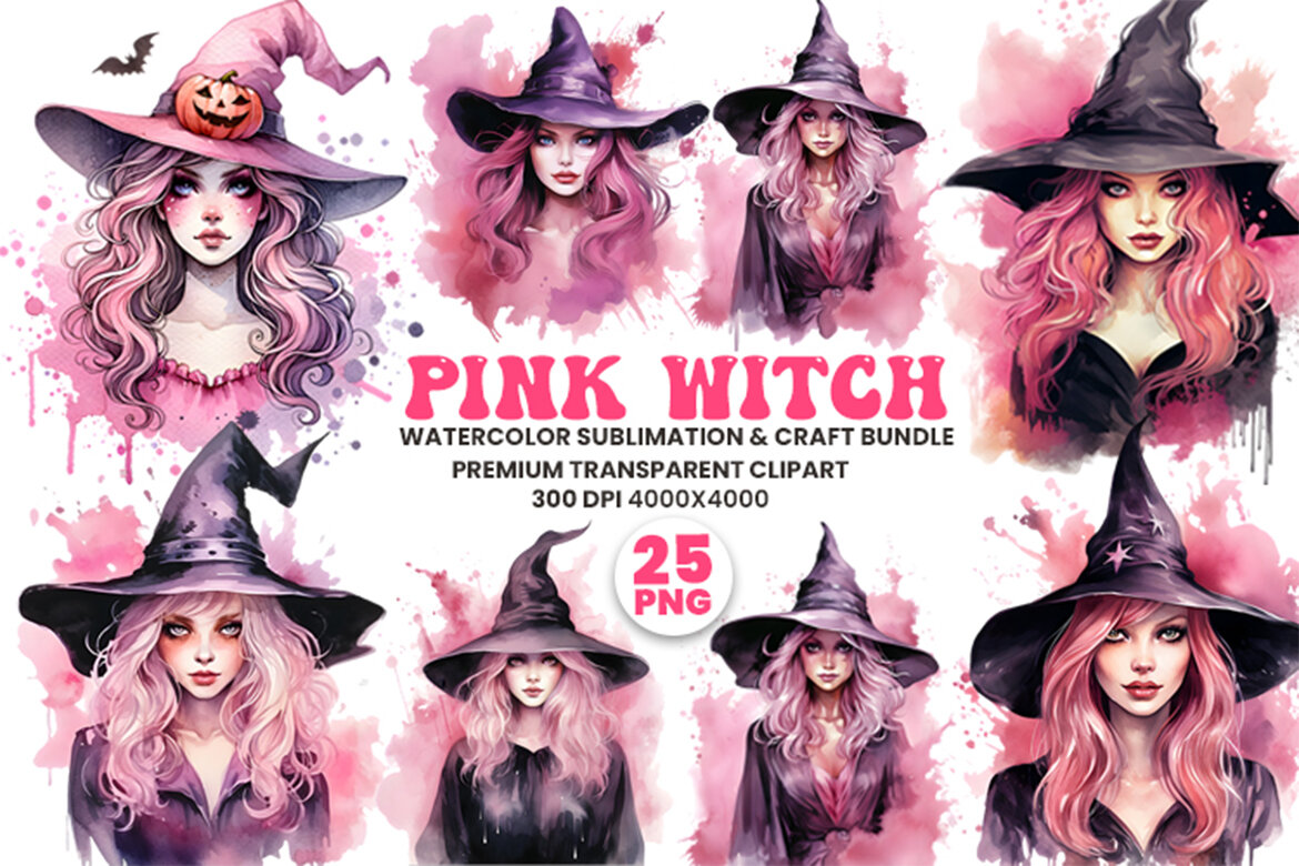 Watercolor Halloween Witch Sublimation Clipart PNG Bundle | Deeezy