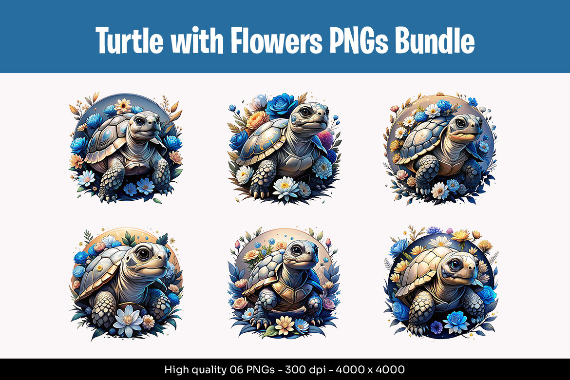 Turtle with flowers Designs PNG Bundle | Deeezy