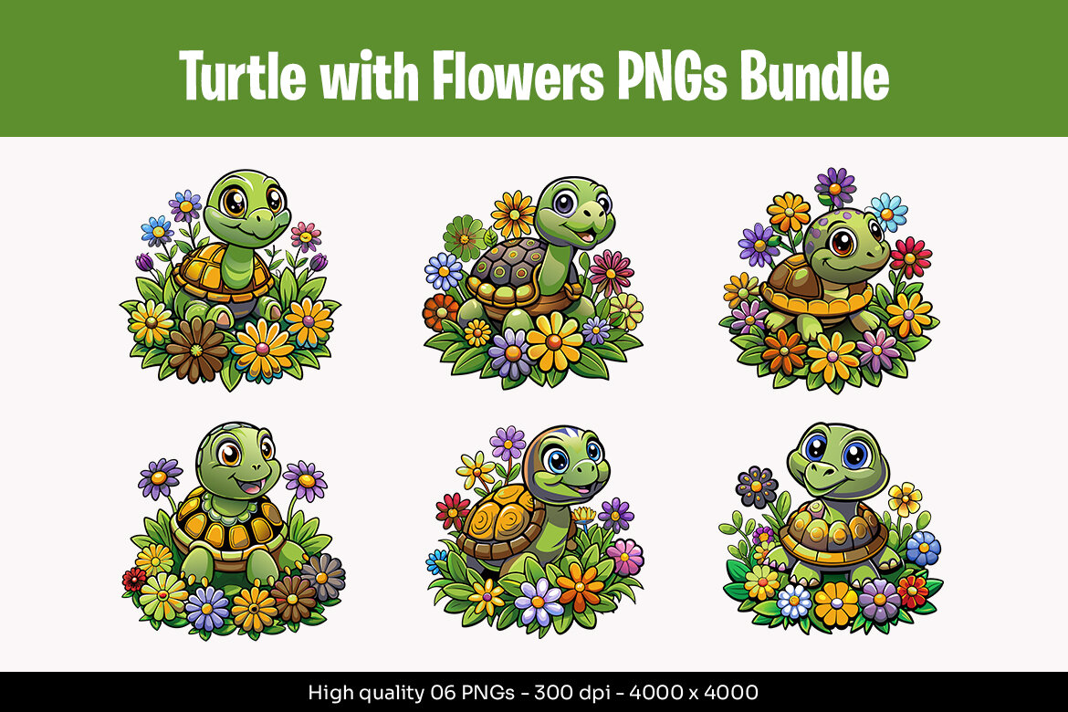 Turtle with flowers Designs PNG Bundle | Deeezy