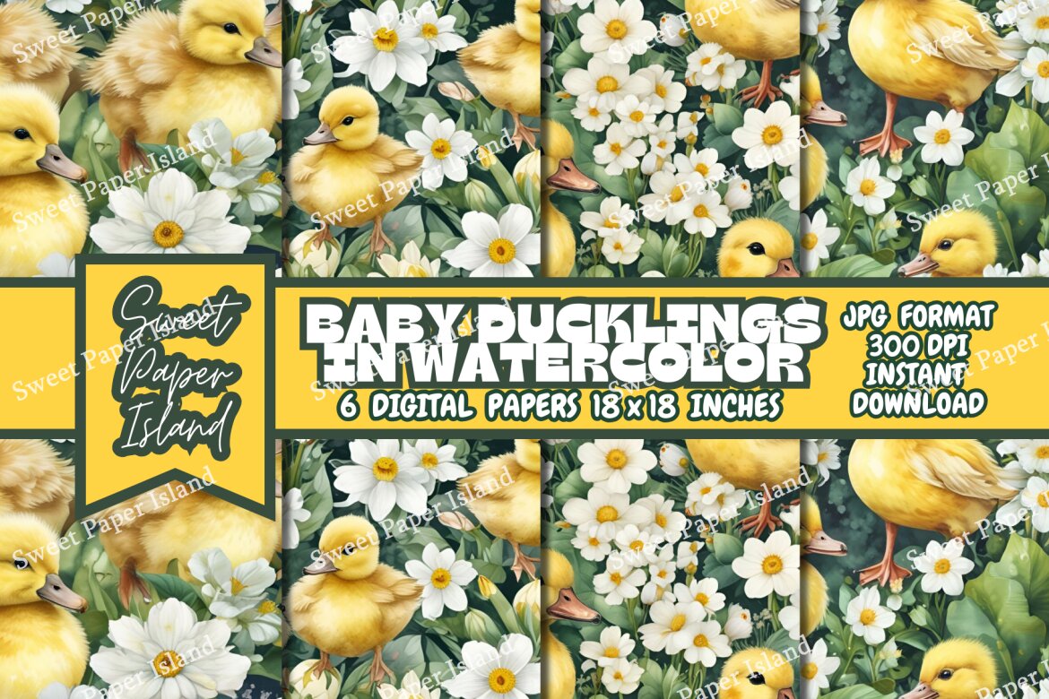 Pack Of 6 Digital Papers - Baby Ducklings In Watercolor | Deeezy